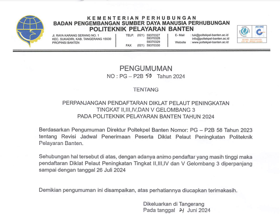 Pengumuman Perpanjangan Pendaftaran Diklat Pelaut Peningkatan II, III, IV & V Gelombang 3 Tahun ...